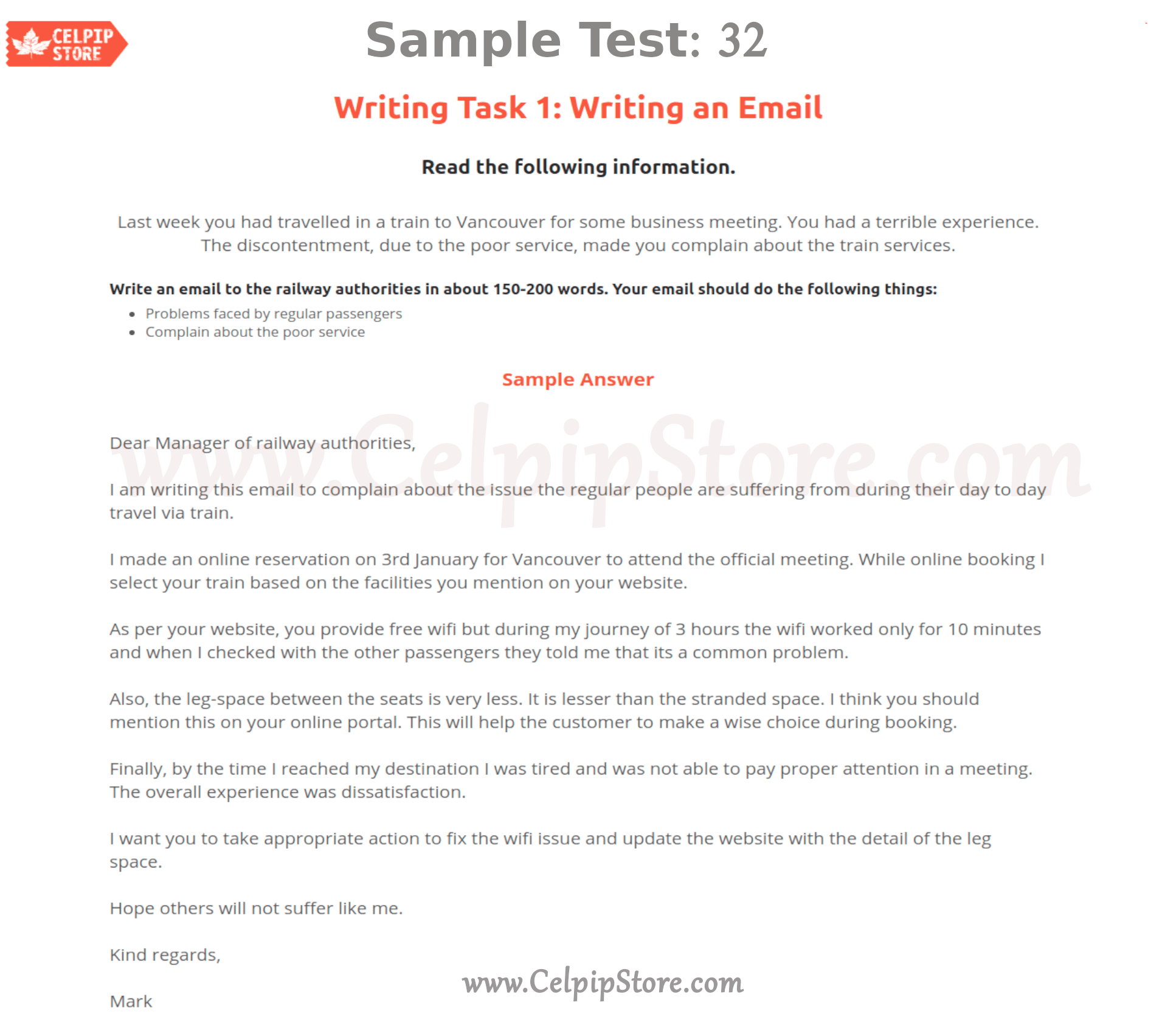 CELPIP Writing an Email Sample 32 - Free CELPIP mock