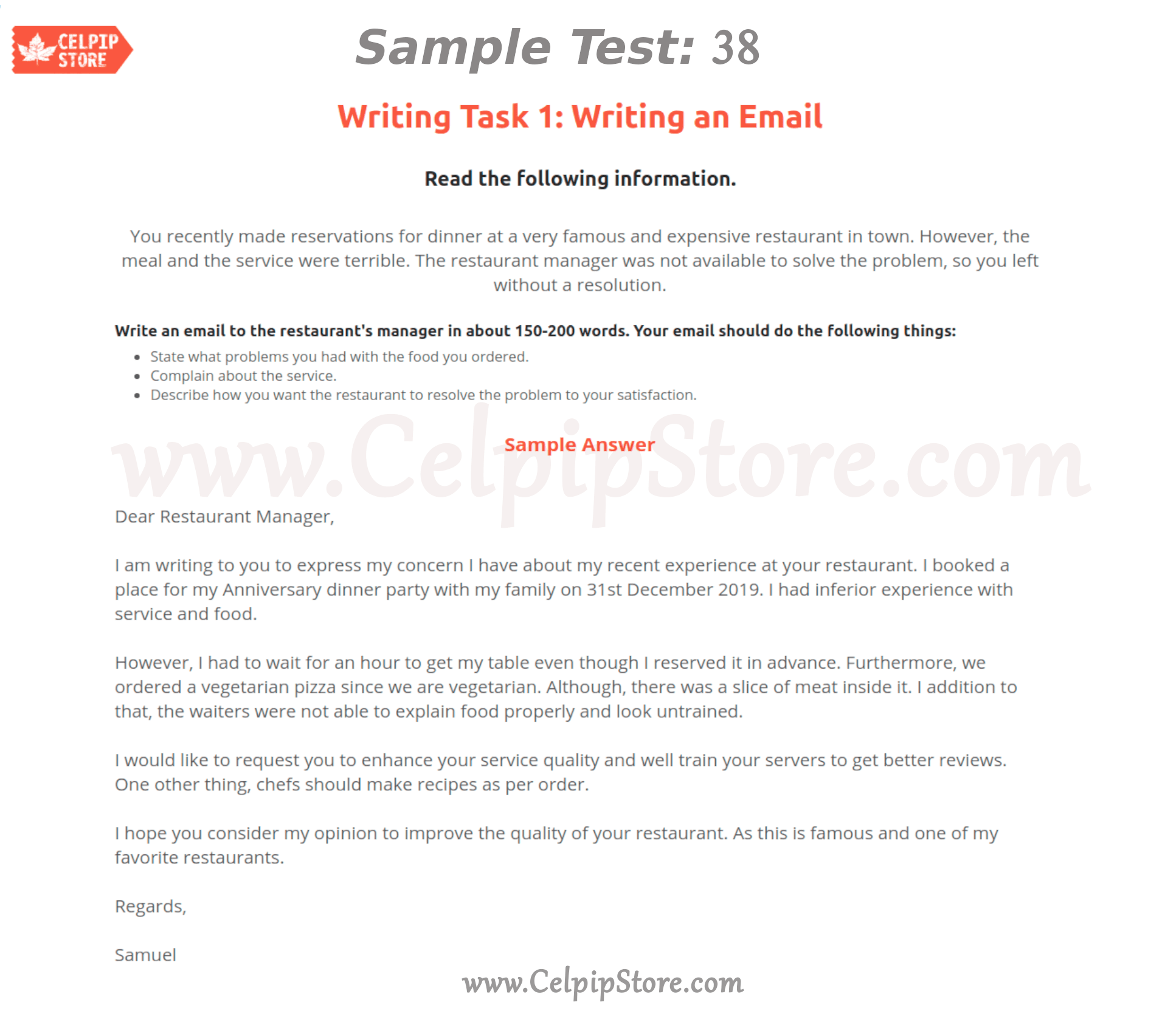 Celpip Writing an Email Sample 38: - Free CELPIP mock