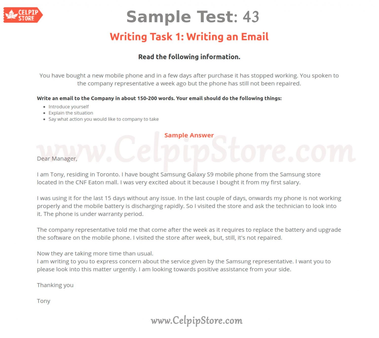 Celpip Writing an Email Sample 43: - Free CELPIP mock