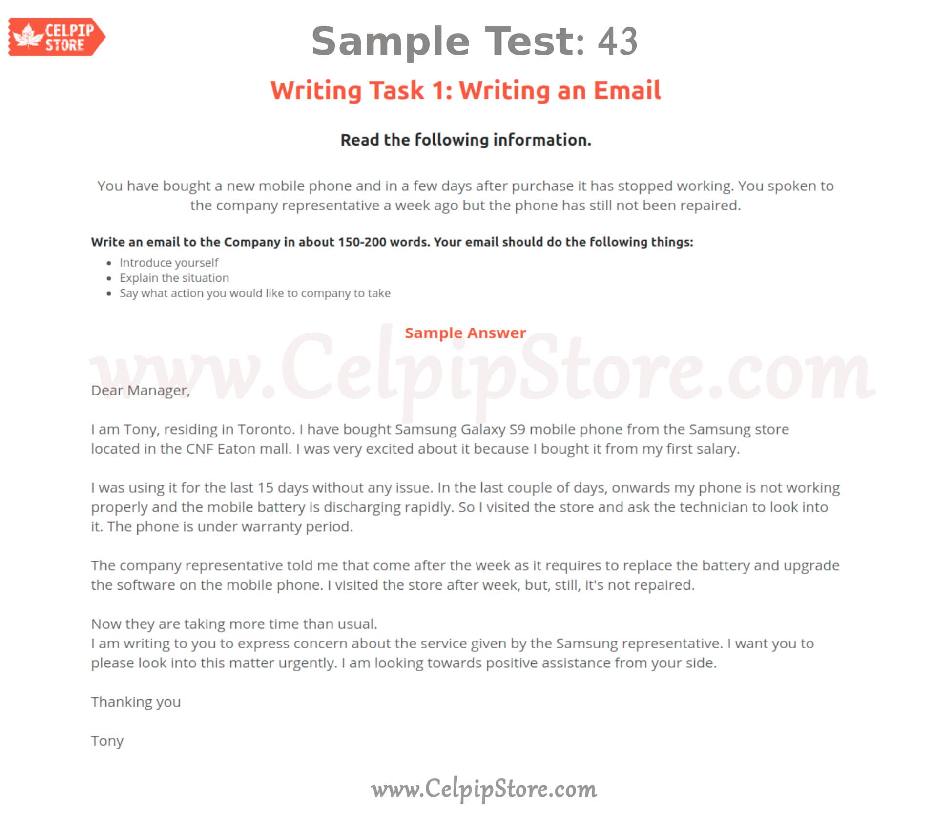 Celpip Writing an Email Sample 43: - Free CELPIP mock