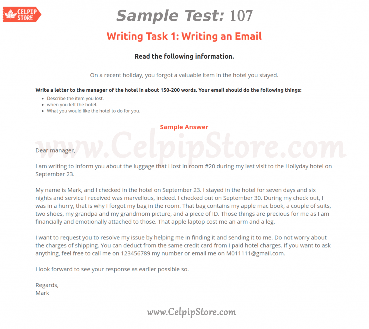 Celpip Writing an Email Sample 107: - Free CELPIP mock