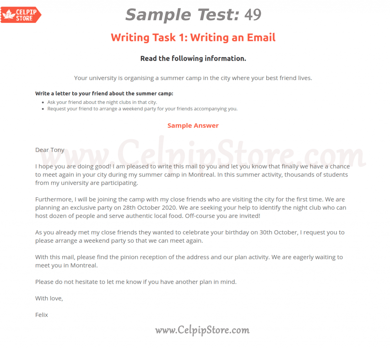 Celpip Writing an Email Sample 49: - Free CELPIP mock