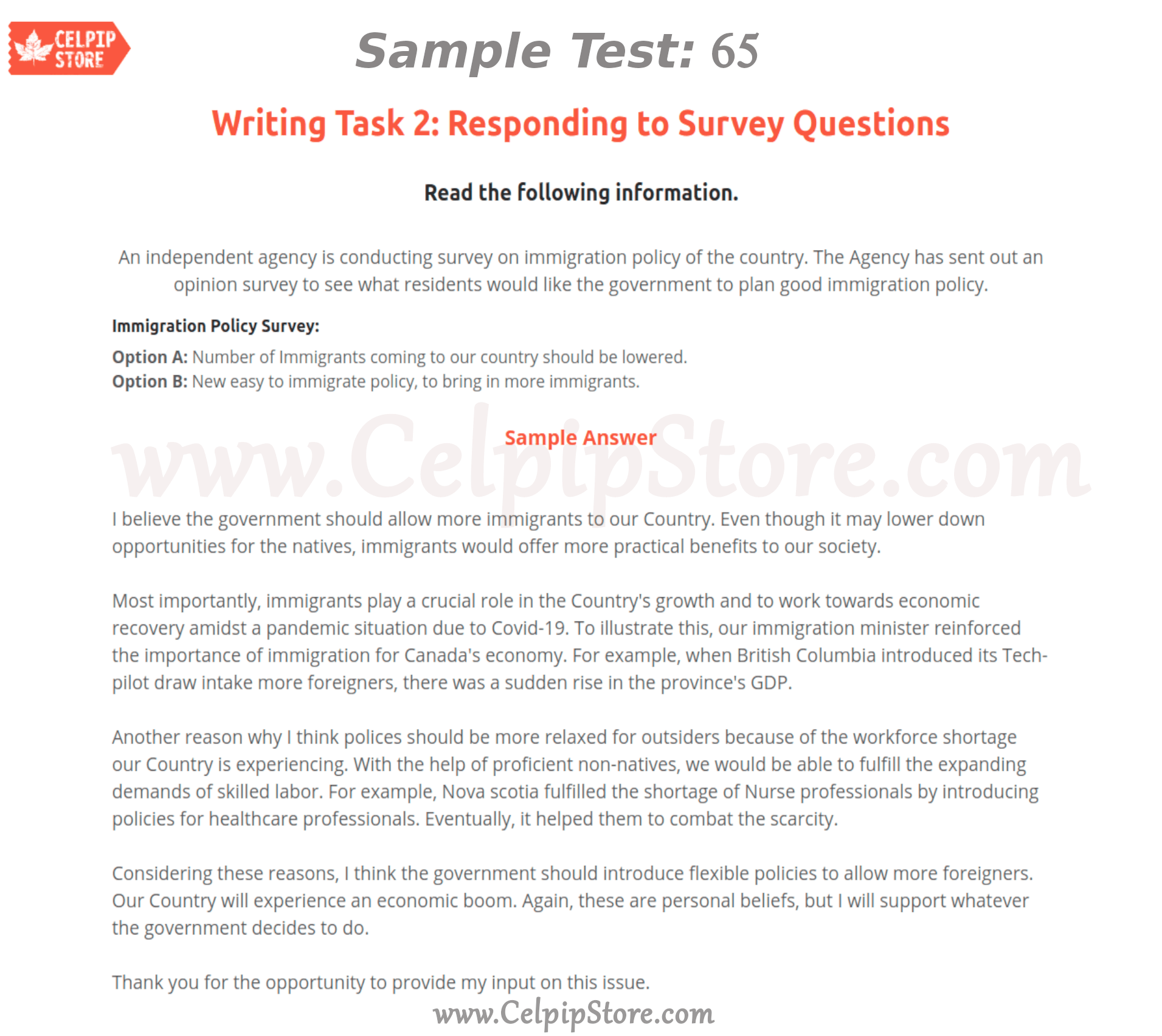 Responding to Survey Sample 65: - Free CELPIP mock