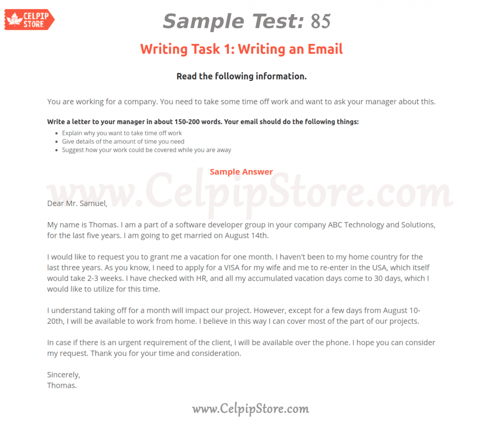 Celpip Writing an Email Sample 85: - Free CELPIP mock
