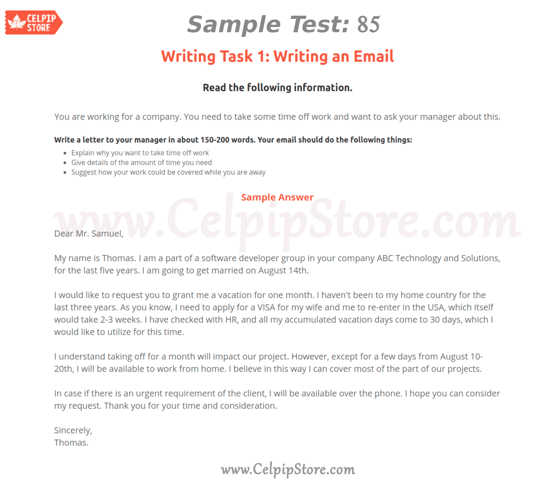 Celpip Writing an Email Sample 85: - Free CELPIP mock