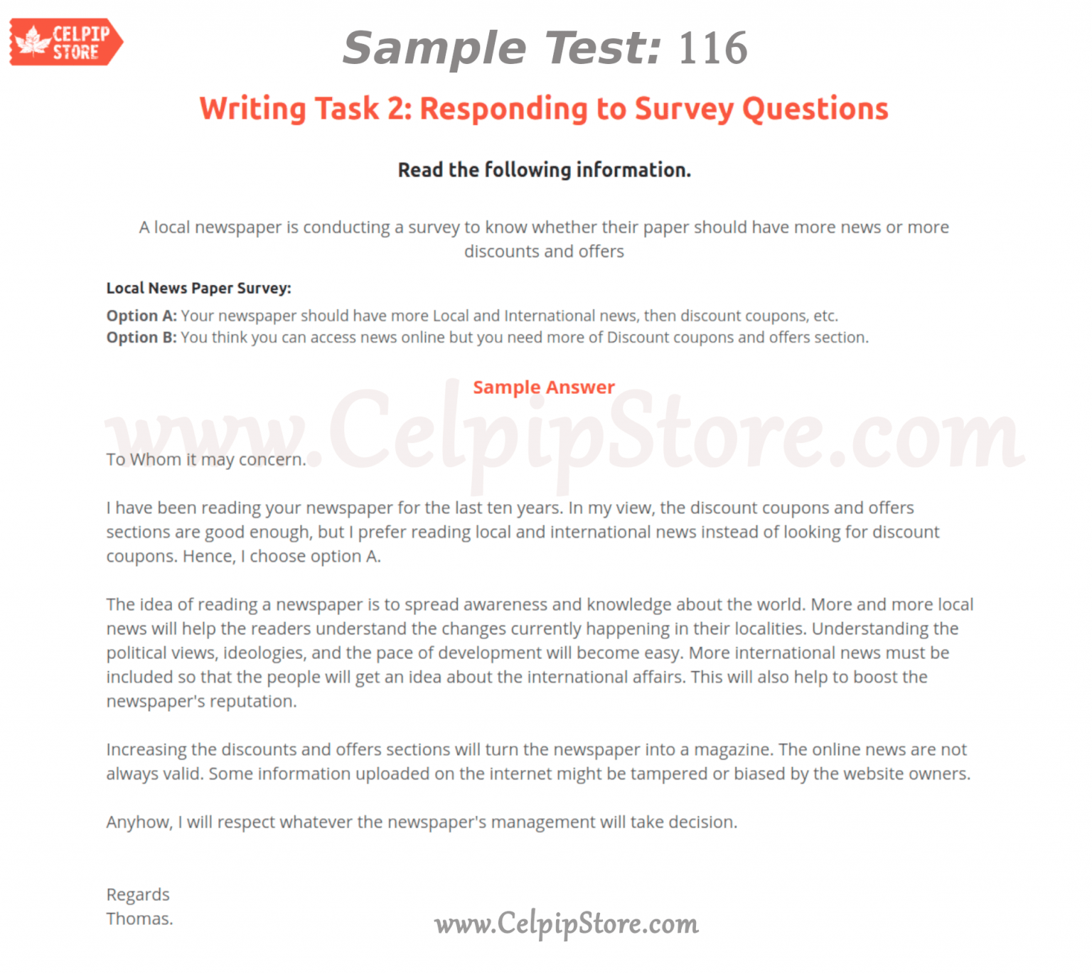 Responding to Survey Sample 116: - Free CELPIP mock