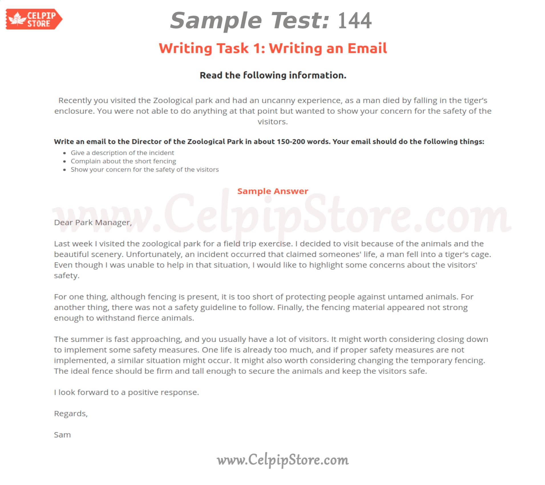 Celpip Writing an Email Sample 144: - Free CELPIP mock