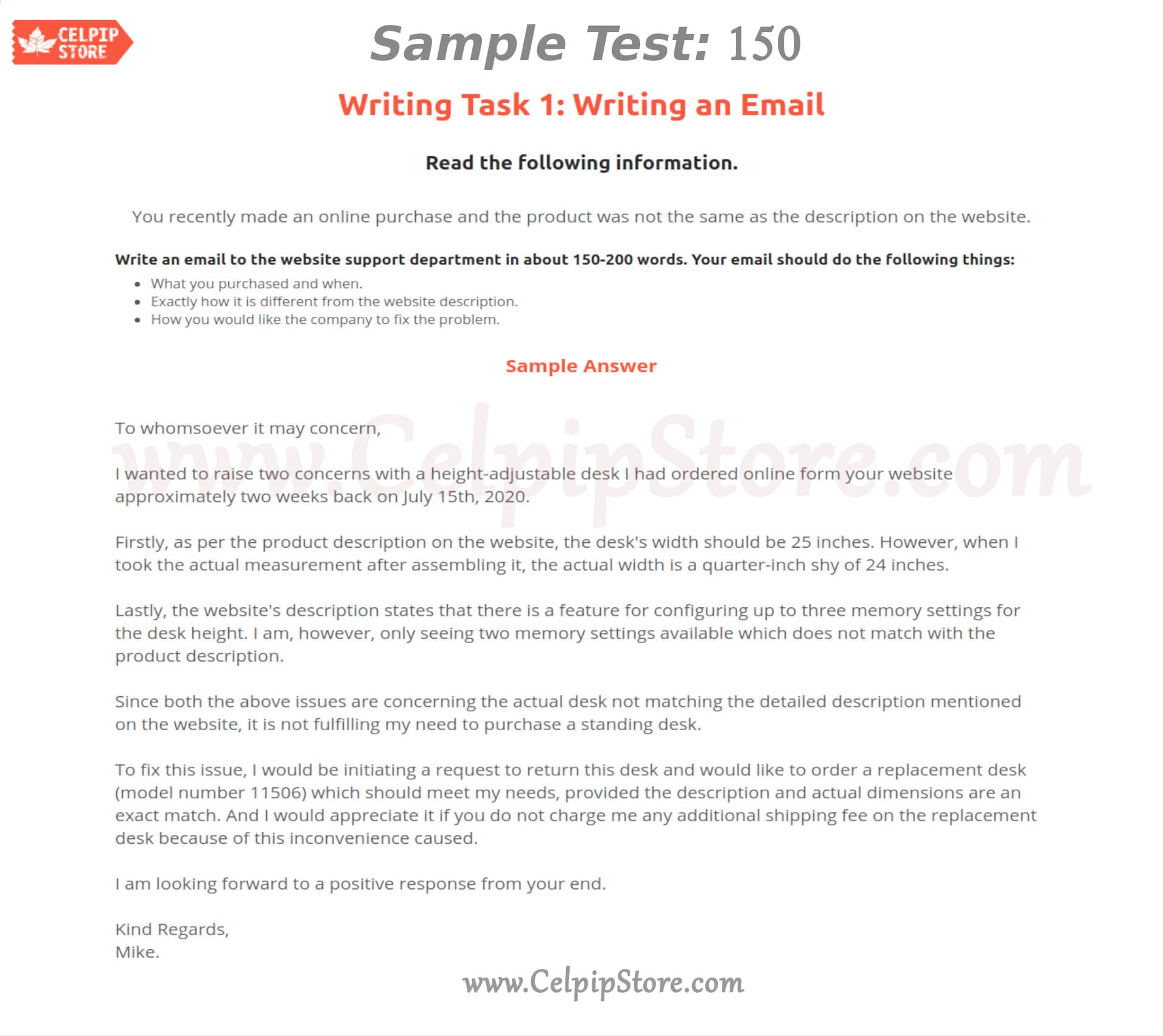 Celpip Writing an Email Sample 150: - Free CELPIP mock