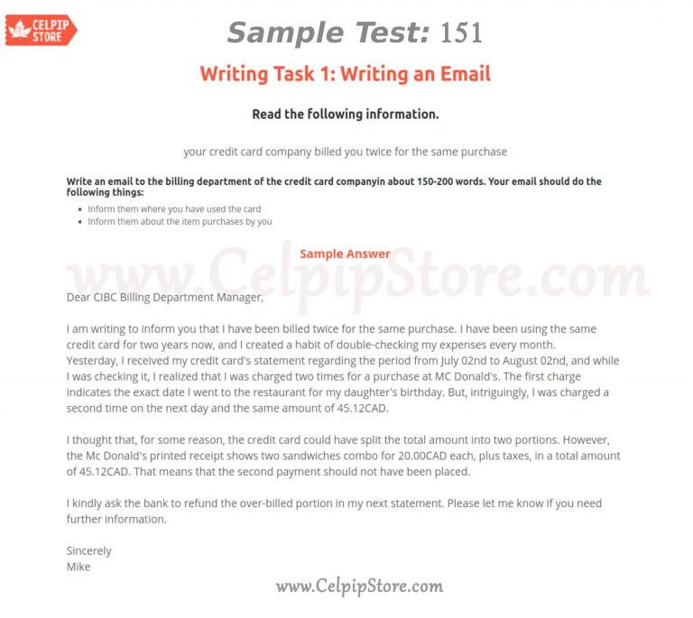 Celpip Writing an Email Sample 151: - Free CELPIP mock