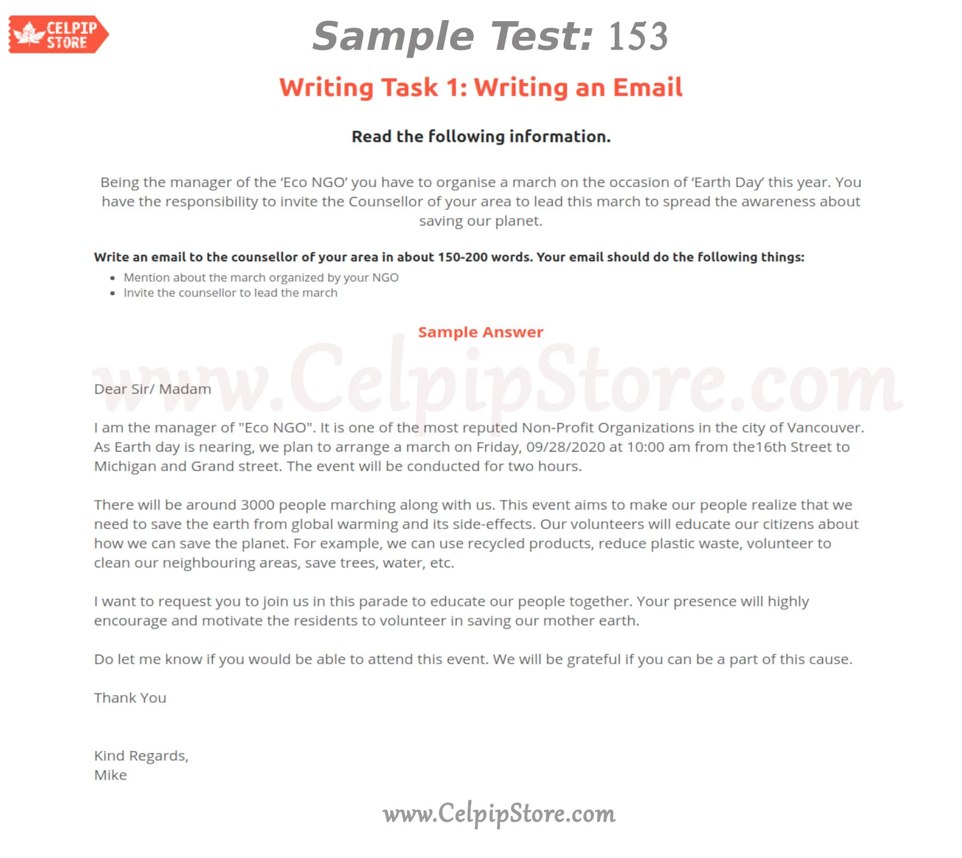 Celpip Writing an Email Sample 153: - Free CELPIP mock