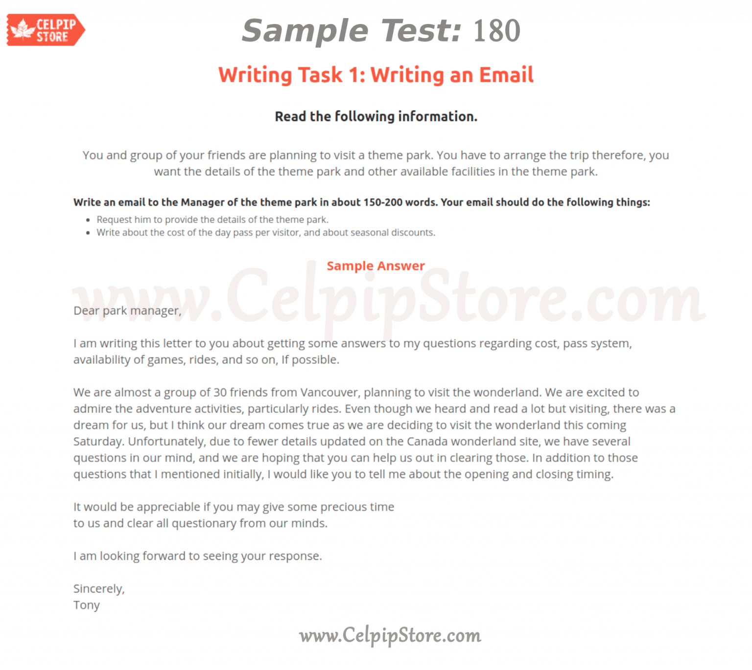 Celpip Writing an Email Sample 180: - Free CELPIP mock
