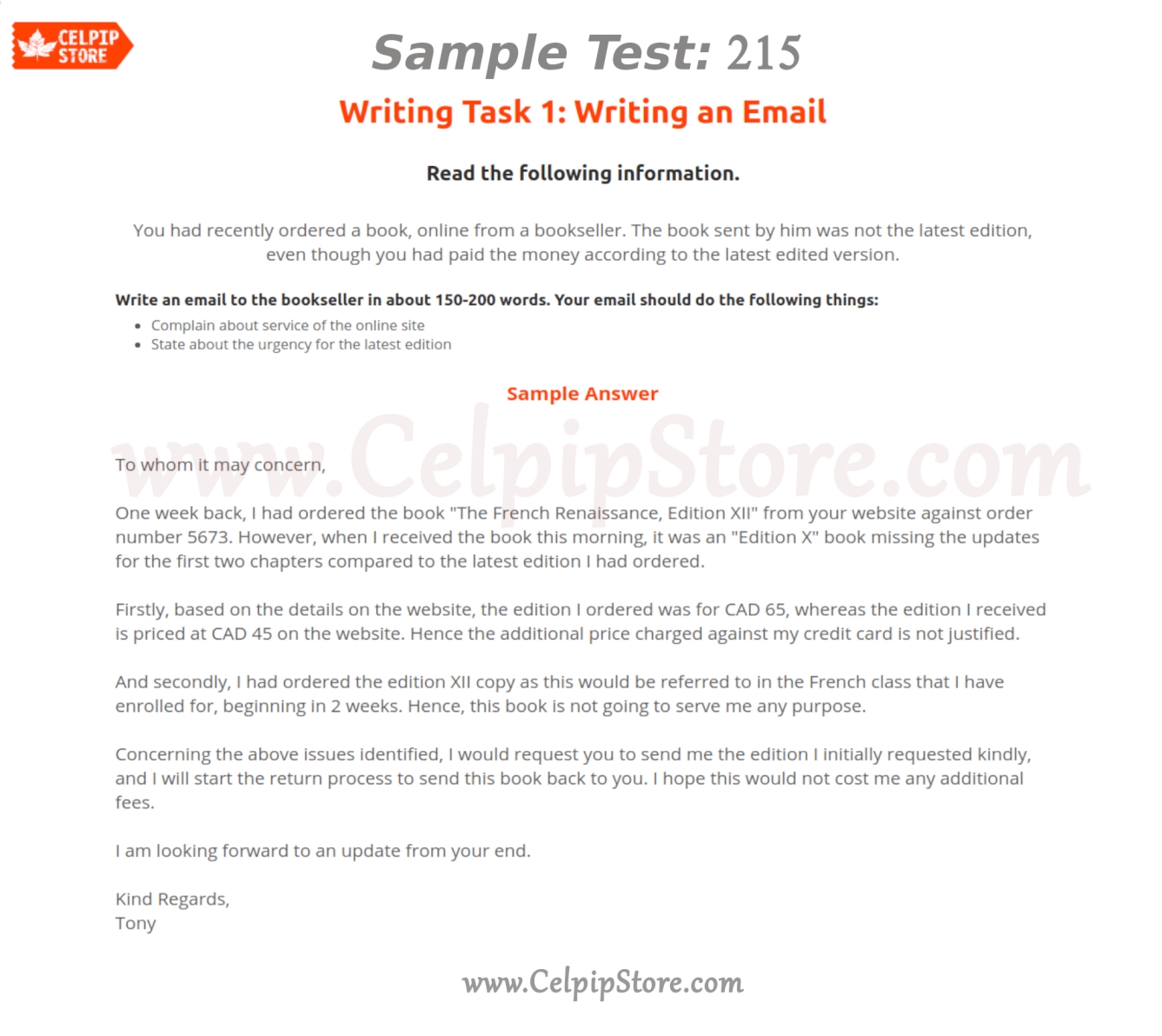 Celpip Writing an Email Sample 215