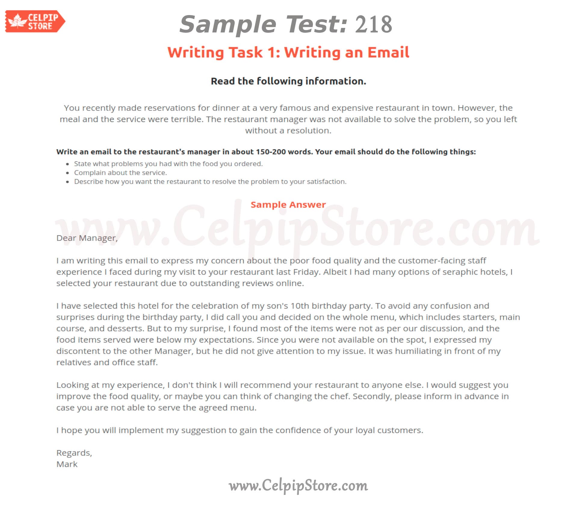 Celpip Writing an Email Sample 218