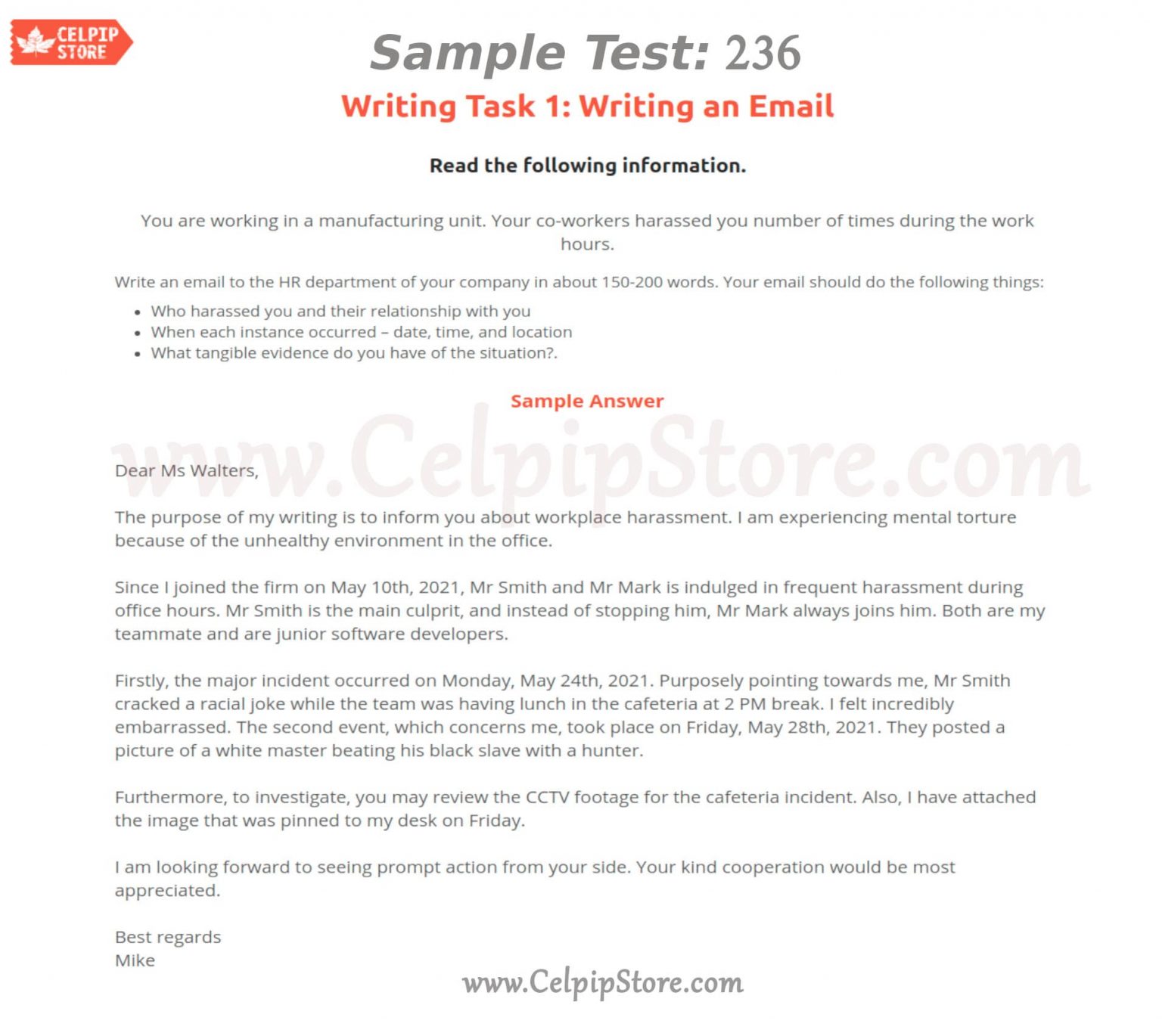 Celpip Writing an Email Sample 236: