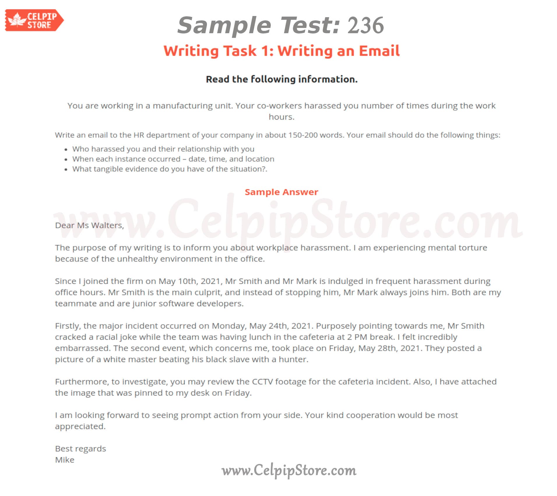 Celpip Writing an Email Sample 236: