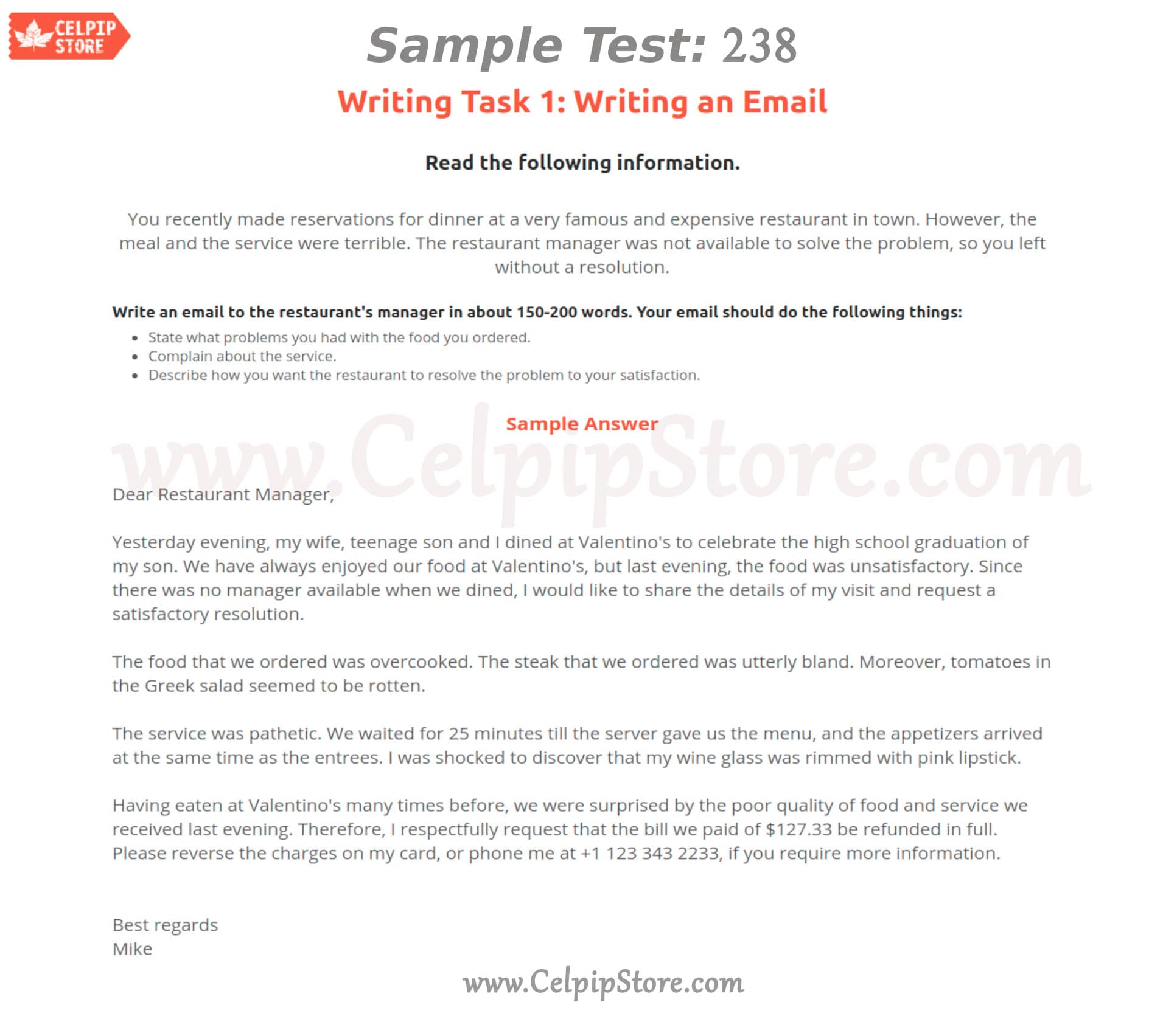 Celpip Writing an Email Sample 238:
