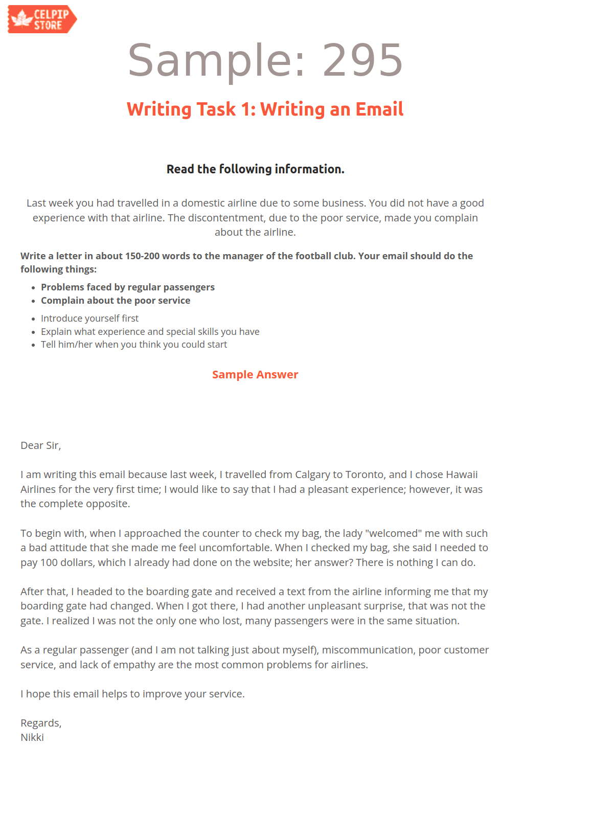 Celpip Writing an Email Sample 295 - Free CELPIP mock practice test ...