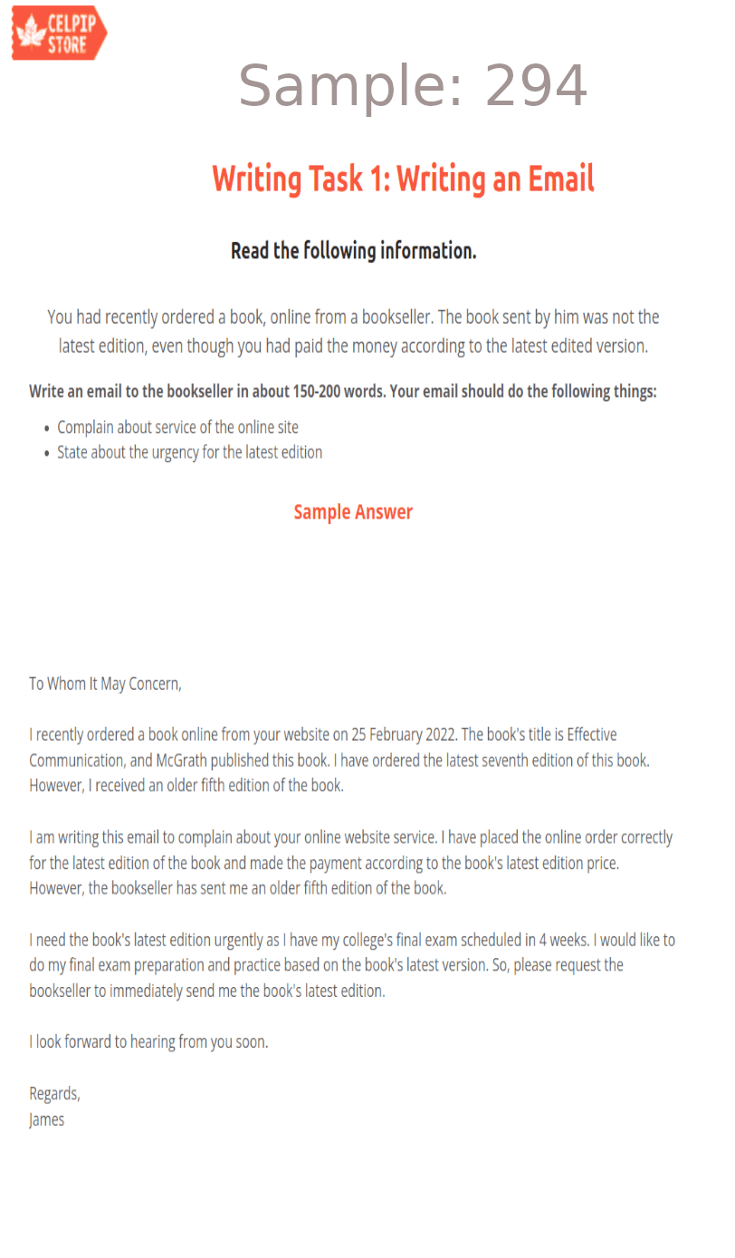 Celpip Writing an Email Sample 294 - Free CELPIP mock practice test ...